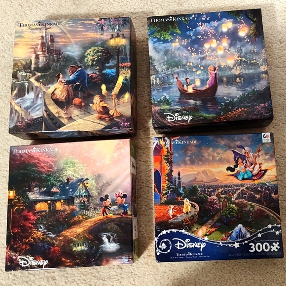 Disney | Toys | 4 Thomas Kinkade Disney Jigsaw Puzzles Aladdin Rapunzel ...